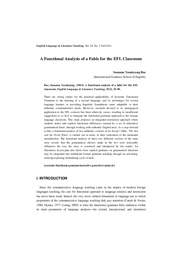(PDF) A Functional Analysis of a Fable for the EFL Classroom