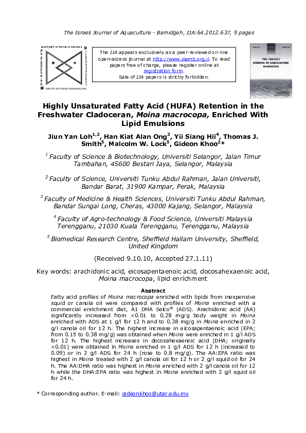 (PDF) Highly Unsaturated Fatty Acid (HUFA) Retention in the Freshwater ...