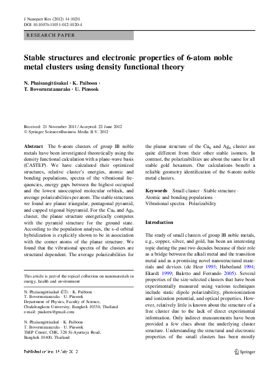 (PDF) Stable structures and electronic properties of 6-atom noble metal clusters using density ...