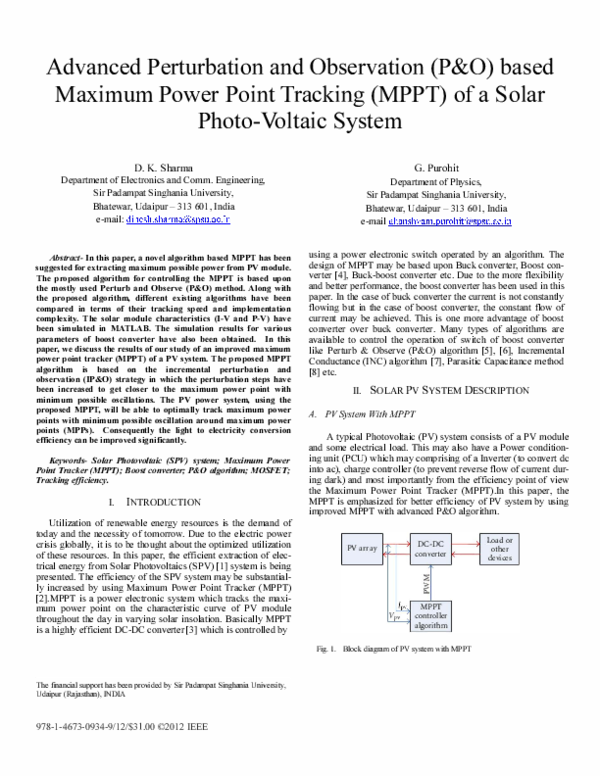 Pdf Advanced Perturbation And Observation Pando Based Maximum Power Point Tracking Mppt Of A