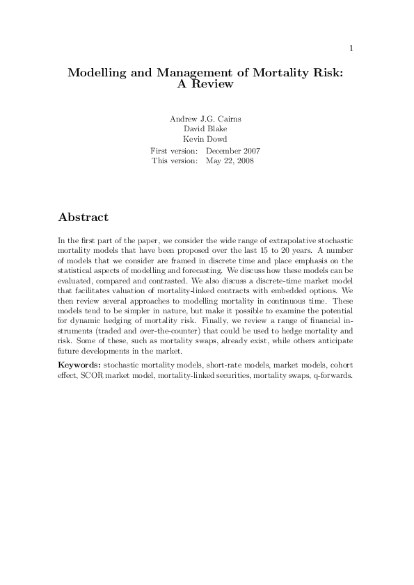 (PDF) Modelling and management of mortality risk: a review