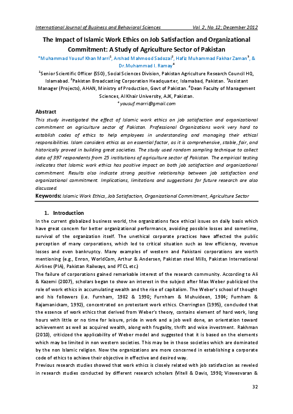 (PDF) The Impact of Islamic Work Ethics on Job Satisfaction and Organizational Commitment: A ...