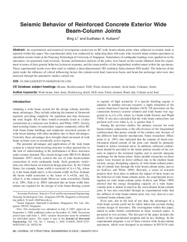 (PDF) Seismic Behavior of Reinforced Concrete Exterior Wide Beam-Column Joints