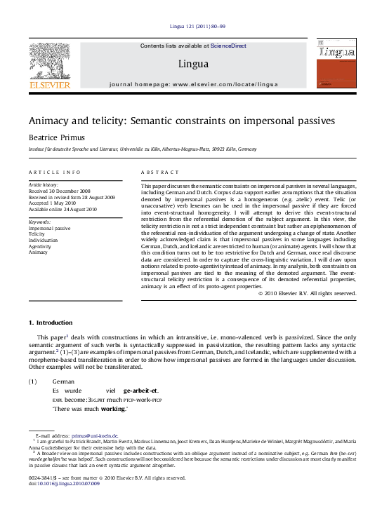 (PDF) Semantic effects of suppressing the nominative argument in impersonal passives | Beatrice ...