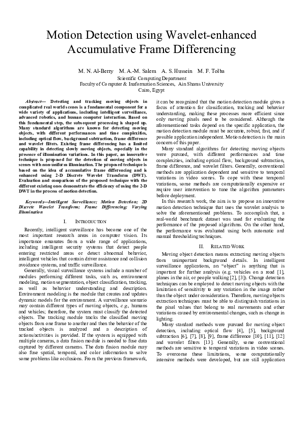 Pdf Motion Detection Using Wavelet Enhanced Accumulative Frame Differencing