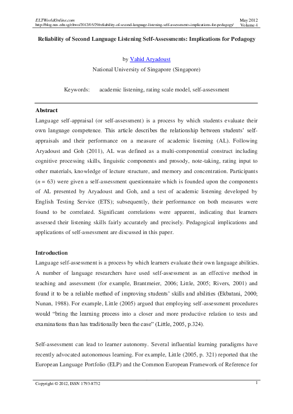 (PDF) Reliability of Second Language Listening Self-Assessments ...