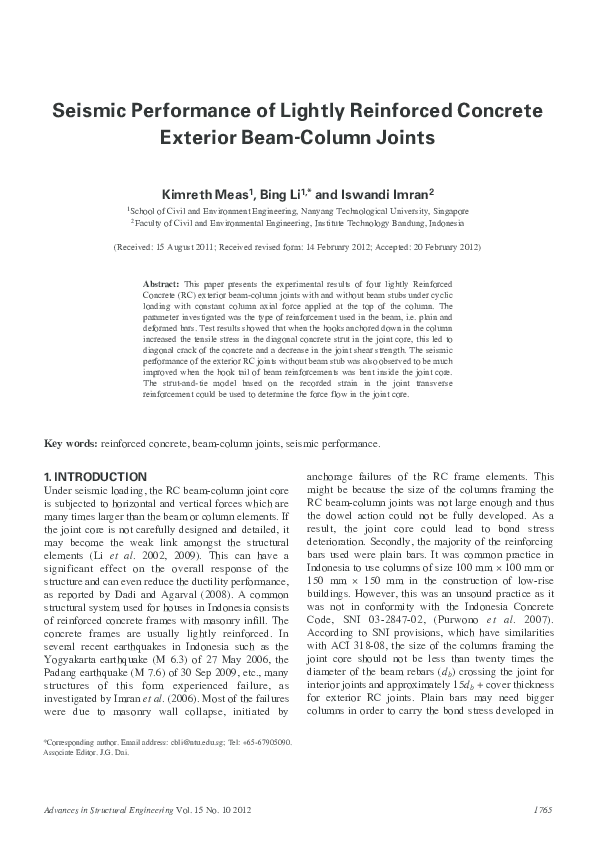 (PDF) Seismic Performance of Lightly Reinforced Concrete Exterior Beam-Column Joints