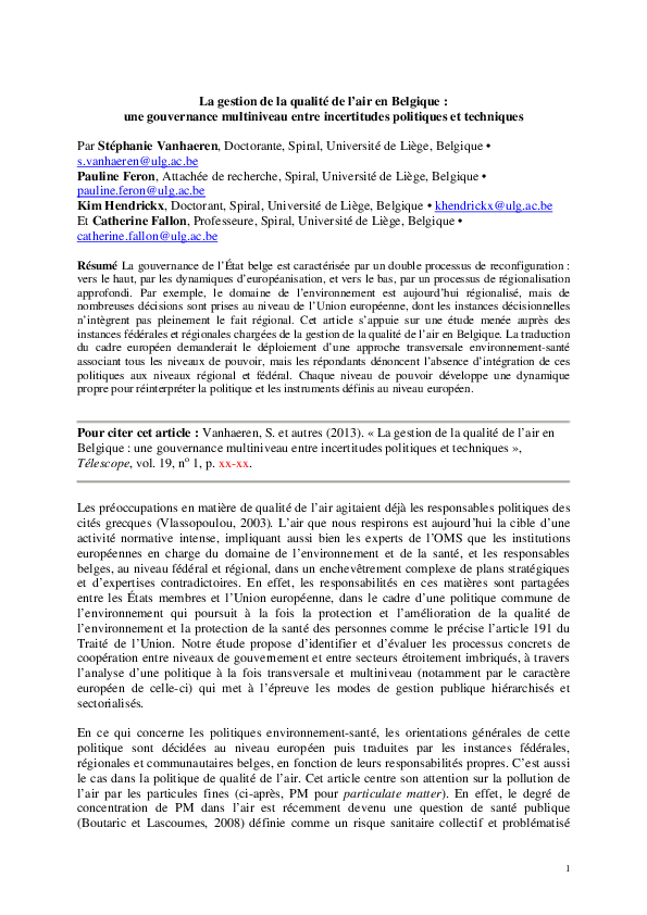 (PDF) Stéphanie Vanhaeren, Pauline Feron, Kim Hendrickx, Et Catherine Fallon : La gestion de la ...