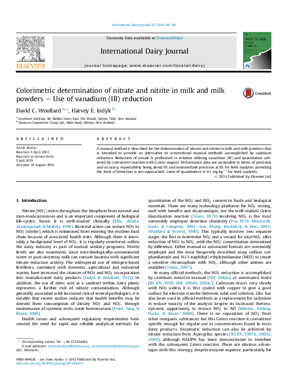 Pdf Colorimetric Determination Of Nitrate And Nitrite In Milk And Milk Powders Use Of