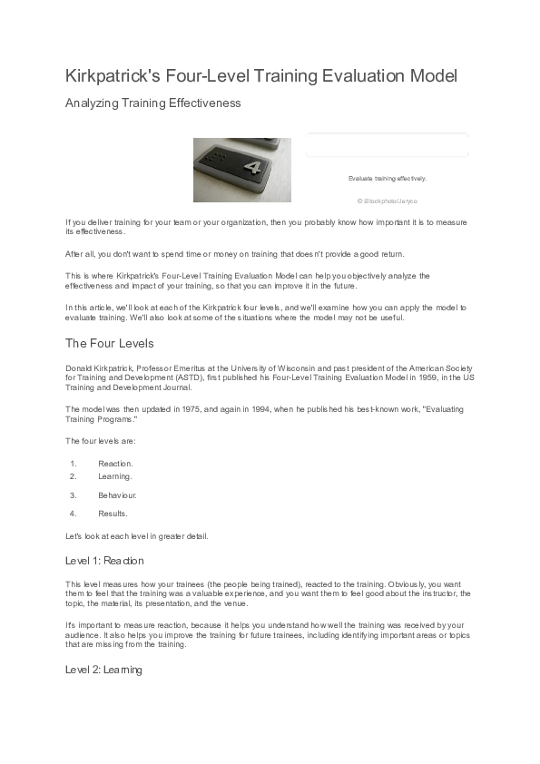 (DOC) Kirkpatrick's Four-Level Training Evaluation Model Analyzing ...