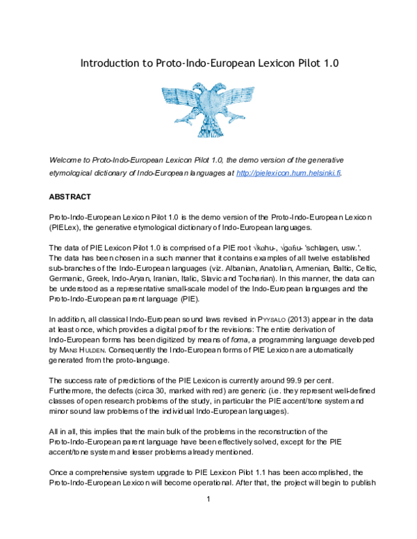 (PDF) Introduction to Proto-Indo-European Lexicon Pilot 1.0 | Jouna ...