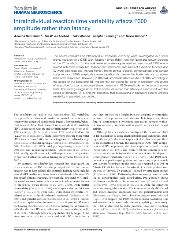 (PDF) Intraindividual reaction time variability affects P300 amplitude rather than latency