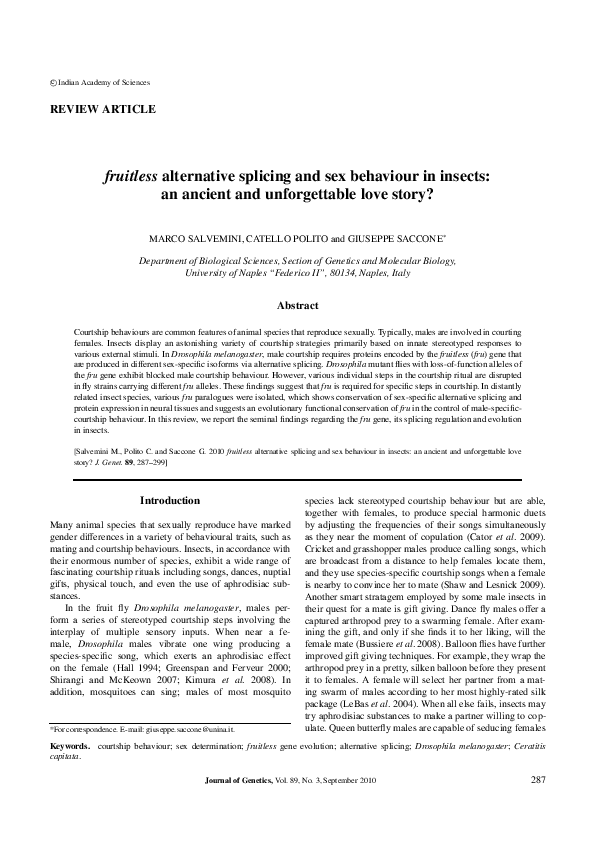 (PDF) fruitless alternative splicing and sex behaviour in insects: an ...