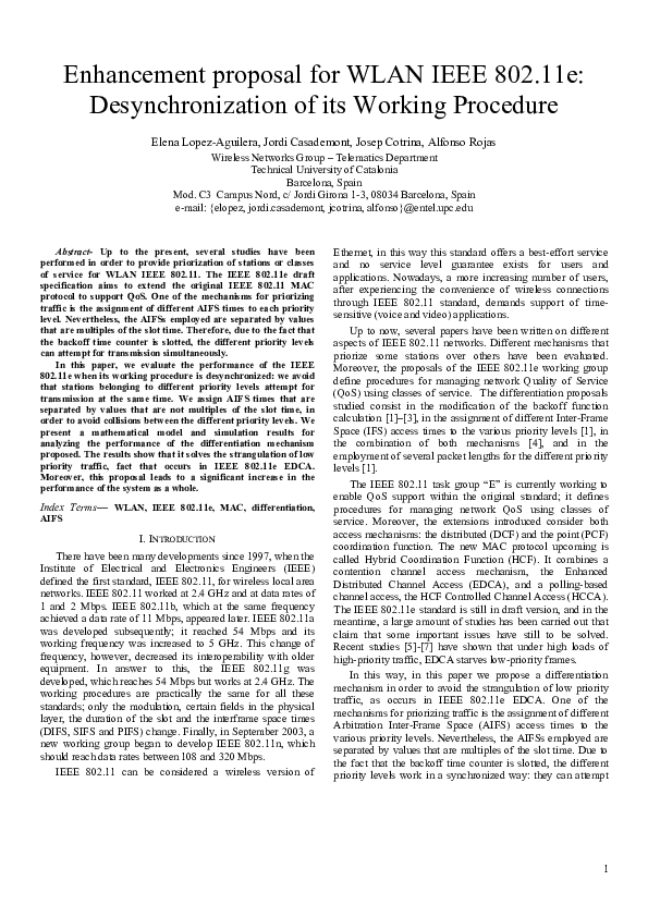 (PDF) Enhancement proposal for WLAN IEEE 802.11e: desynchronization of its working procedure