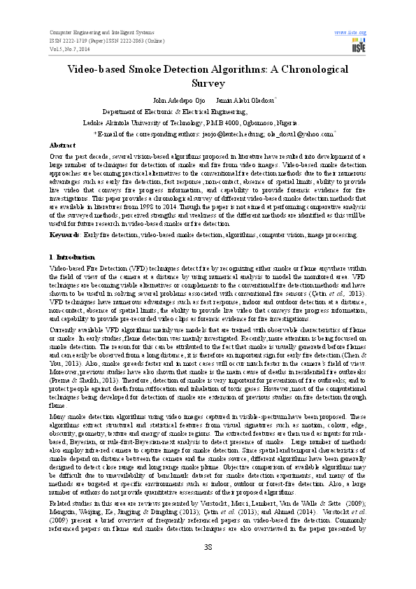 Pdf Video Based Smoke Detection Algorithms A Chronological