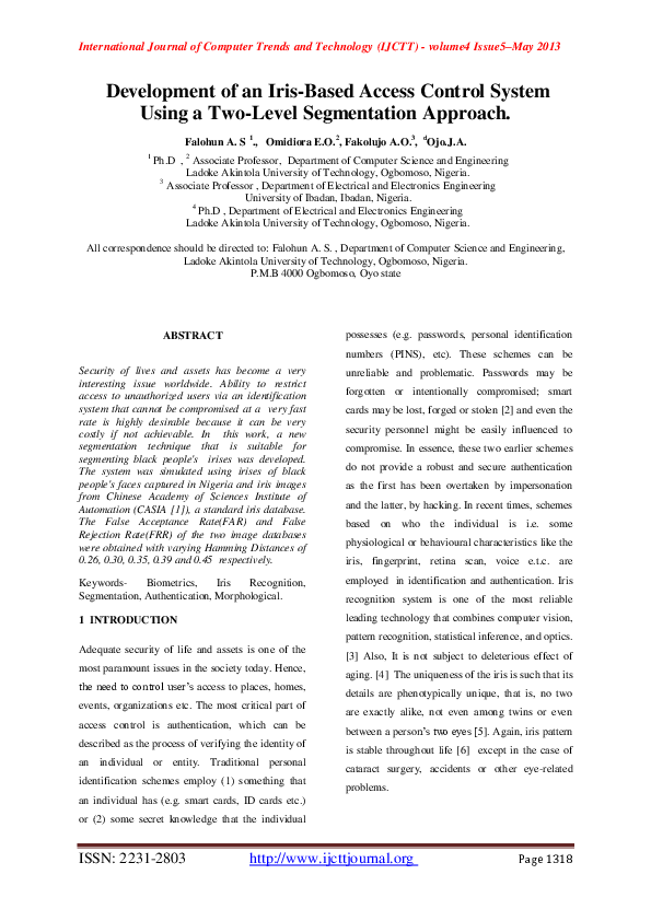 Pdf Development Of An Iris Based Access Control System Using A Two Level Segmentation Approach
