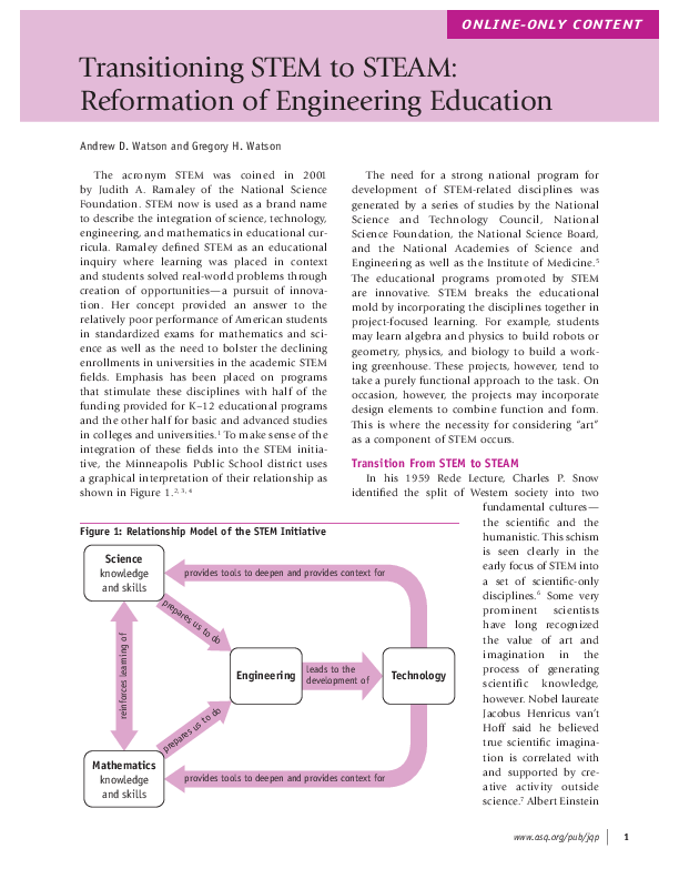 (PDF) Transitioning STEM to STEAM: Reformation of Engineering Education
