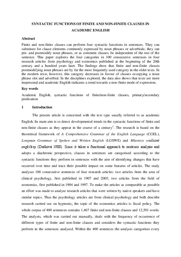 (PDF) Syntactic Functions of Finite and Non-Finite Clauses in Academic ...