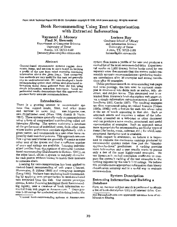 Pdf Book Recommending Using Text Categorization With Extracted Information Loriene Roy