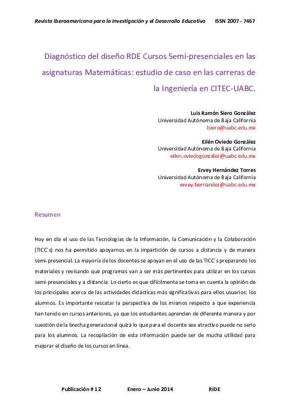 Diagnóstico del diseño RDE Cursos Semi-presenciales en las asignaturas ...