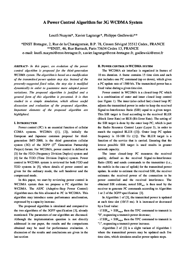(PDF) A Power Control Algorithm for 3G WCDMA System