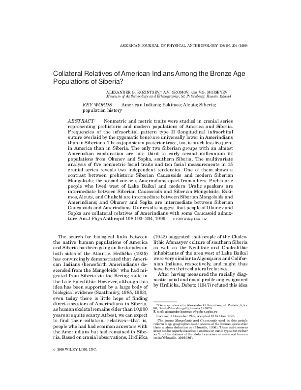 Collateral relatives of American Indians among the Bronze Age ...