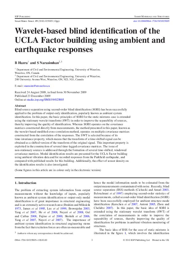 (PDF) Wavelet-based blind identification of the UCLA Factor building using ambient and ...