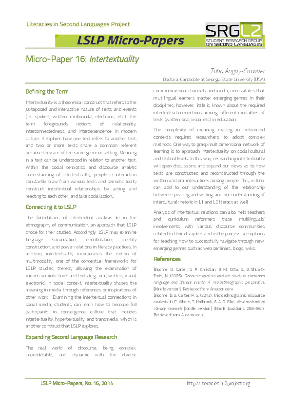 (PDF) LSLP Micro-Paper 16: Intertextuality (Angay-Crowder, 2014)