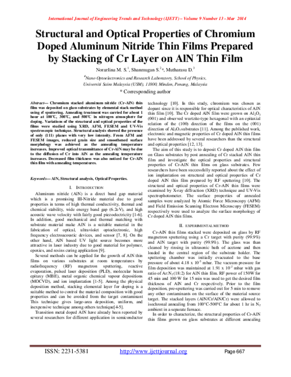 (PDF) Structural and Optical Properties of Chromium Doped Aluminum Nitride Thin Films Prepared ...