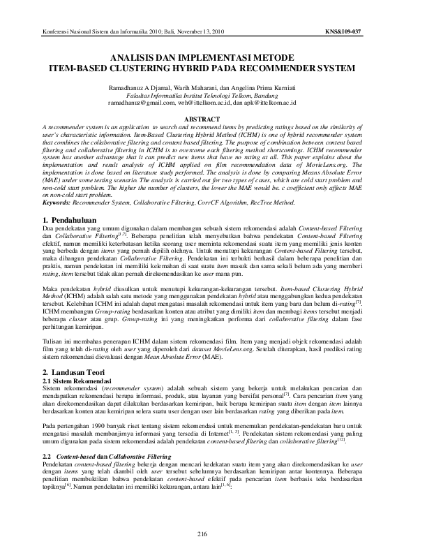 Pdf Analisis Dan Implementasi Metode Item Based Clustering Hybrid