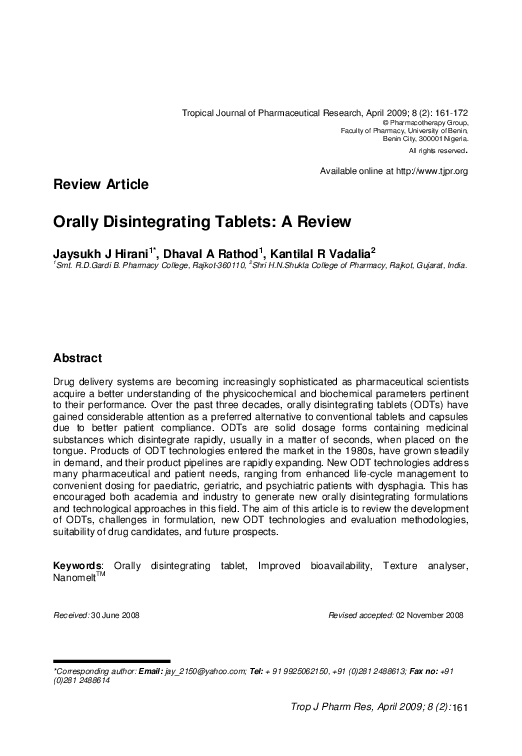 Pdf Orally Disintegrating Tablets A Review