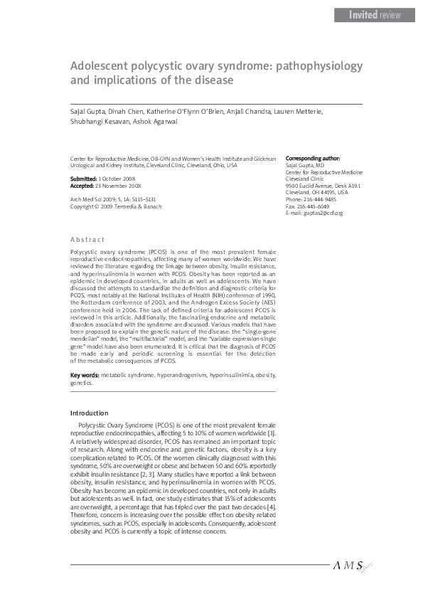 (PDF) Adolescent polycystic ovary syndrome: pathophysiology and ...