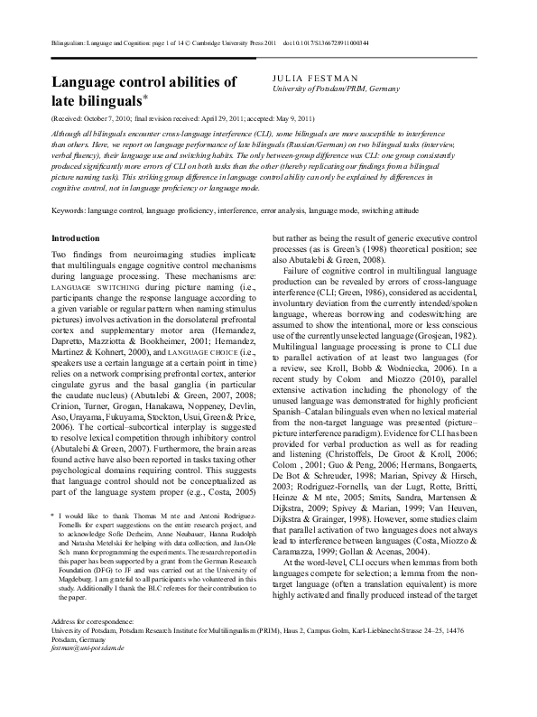 Language control abilities of late bilinguals.
