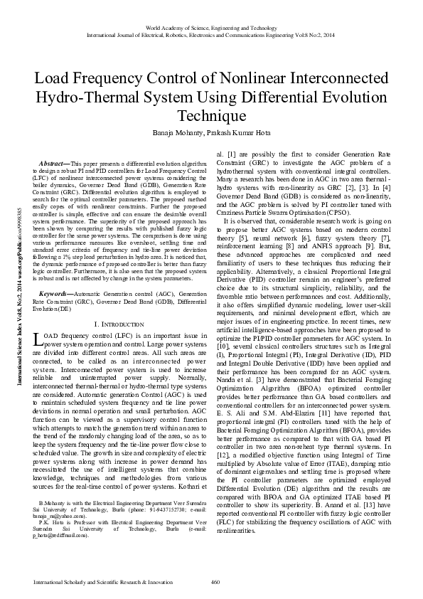 (PDF) Load Frequency Control of Nonlinear Interconnected Hydro-Thermal System Using Differential ...
