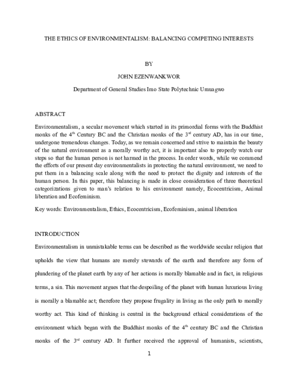(DOC) THE ETHICS OF ENVIRONMENTALISM: BALANCING COMPETING INTERESTS