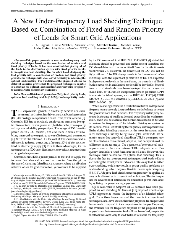 (PDF) A New Under-Frequency Load Shedding Technique Based on Combination of Fixed and Random ...