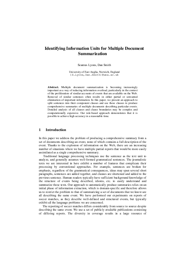 Identifying Information Units For Multiple Document Summarization