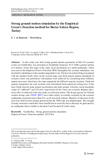 (PDF) Strong ground motion simulation by the Empirical Green’s Function method for Bursa-Yalova ...