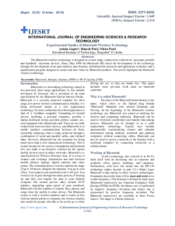 (PDF) Experimental Studies of Bluetooth Wireless Technology