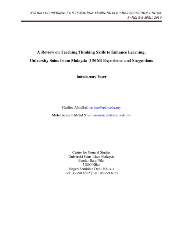 (PDF) THINKING SKILLS TO ENHANCE LEARNING