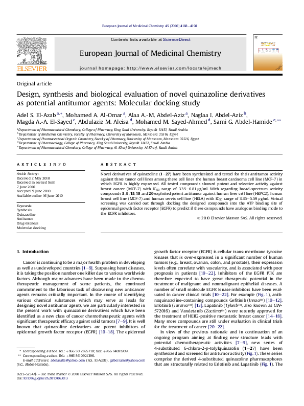 (PDF) Design, synthesis and biological evaluation of novel quinazoline derivatives as potential ...