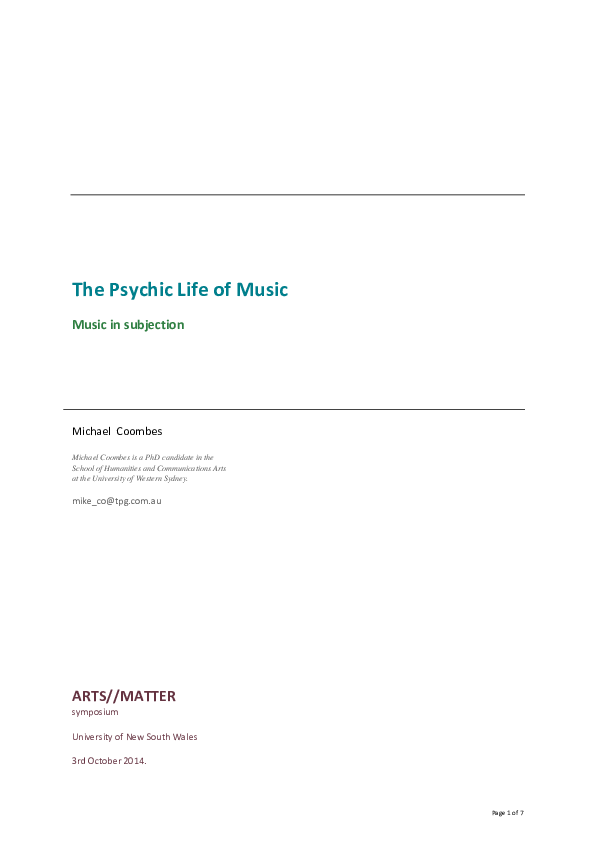 (PDF) The Psychic Life of Music: Music In Subjection. An Introduction.