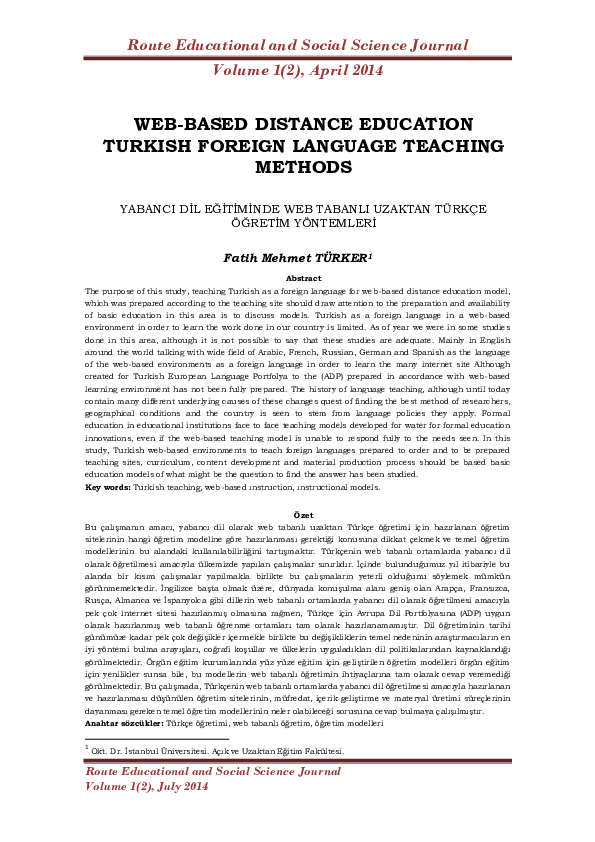 (PDF) WEB-BASED DISTANCE EDUCATION TURKISH FOREIGN LANGUAGE TEACHING METHODS