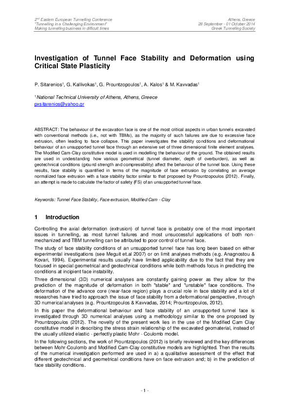 Investigation of Tunnel Face Stability and Deformation using Critical ...