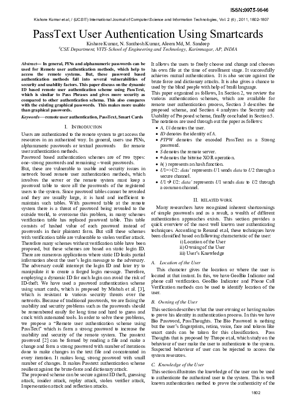 (PDF) PassText User Authentication Using Smartcards
