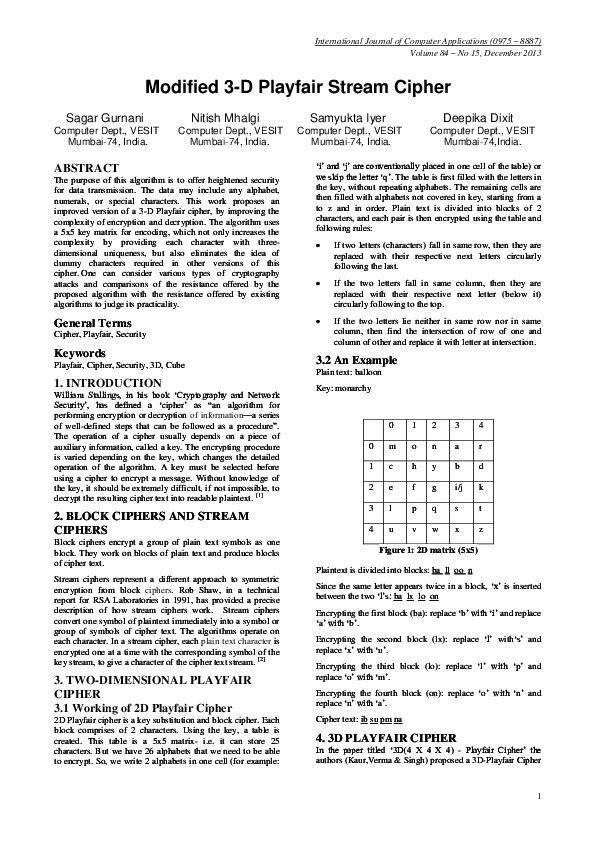 Pdf Modified 3 D Playfair Stream Cipher