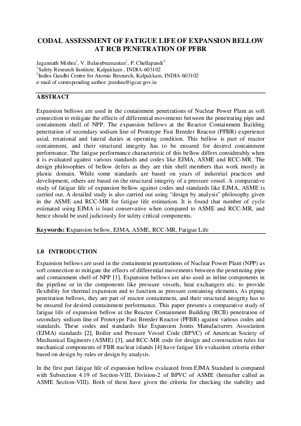 (PDF) CODAL ASSESSMENT OF FATIGUE LIFE OF EXPANSION BELLOW AT RCB ...