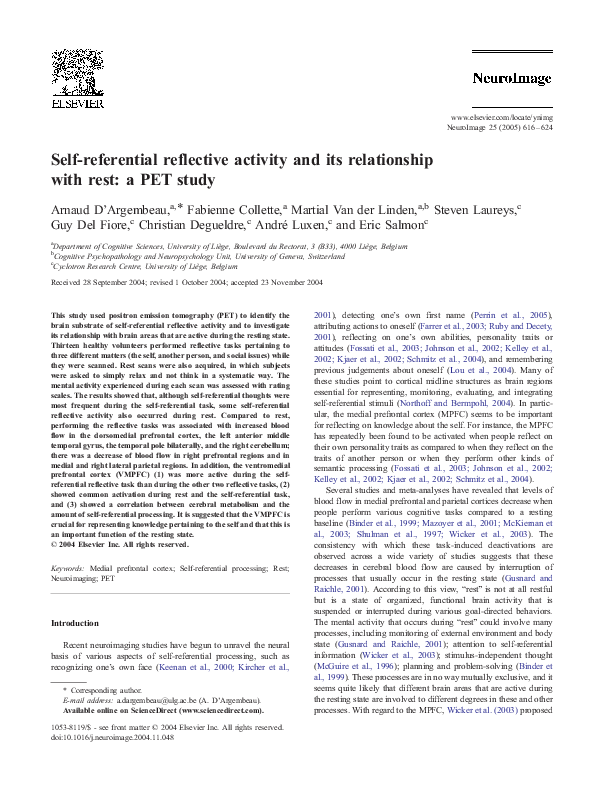(PDF) Self-referential reflective activity and its relationship with rest: a PET study | Arnaud ...