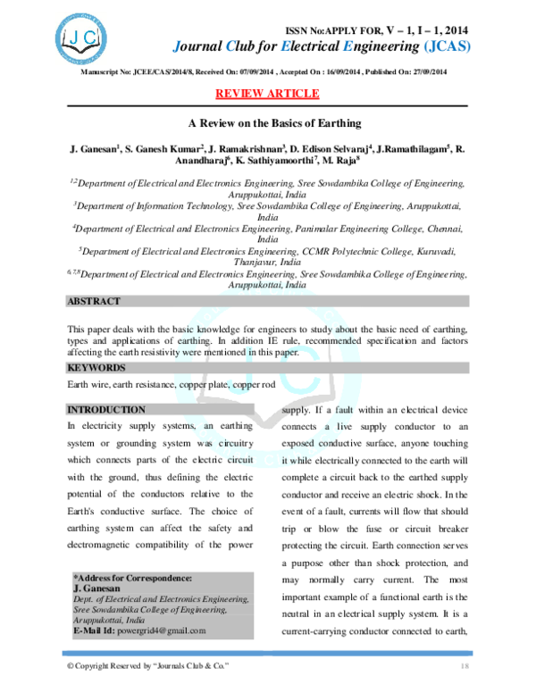 (PDF) A Review on the Basics of Earthing