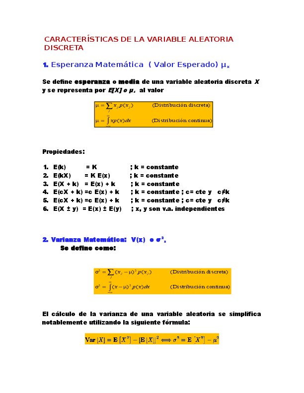 CARACTERÍSTICAS DE LA VARIABLE ALEATORIA